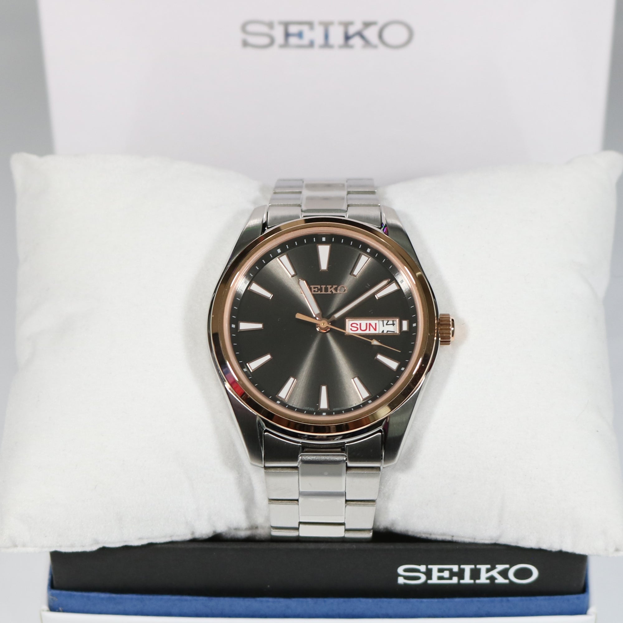 Seiko Quartz Grey Dial Rose Gold Tone Bezel Men's Watch SUR344P1 ...