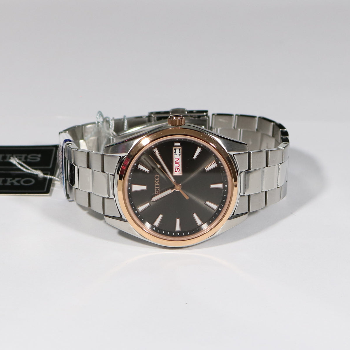 Seiko Quartz Grey Dial Rose Gold Tone Bezel Men's Watch SUR344P1 ...