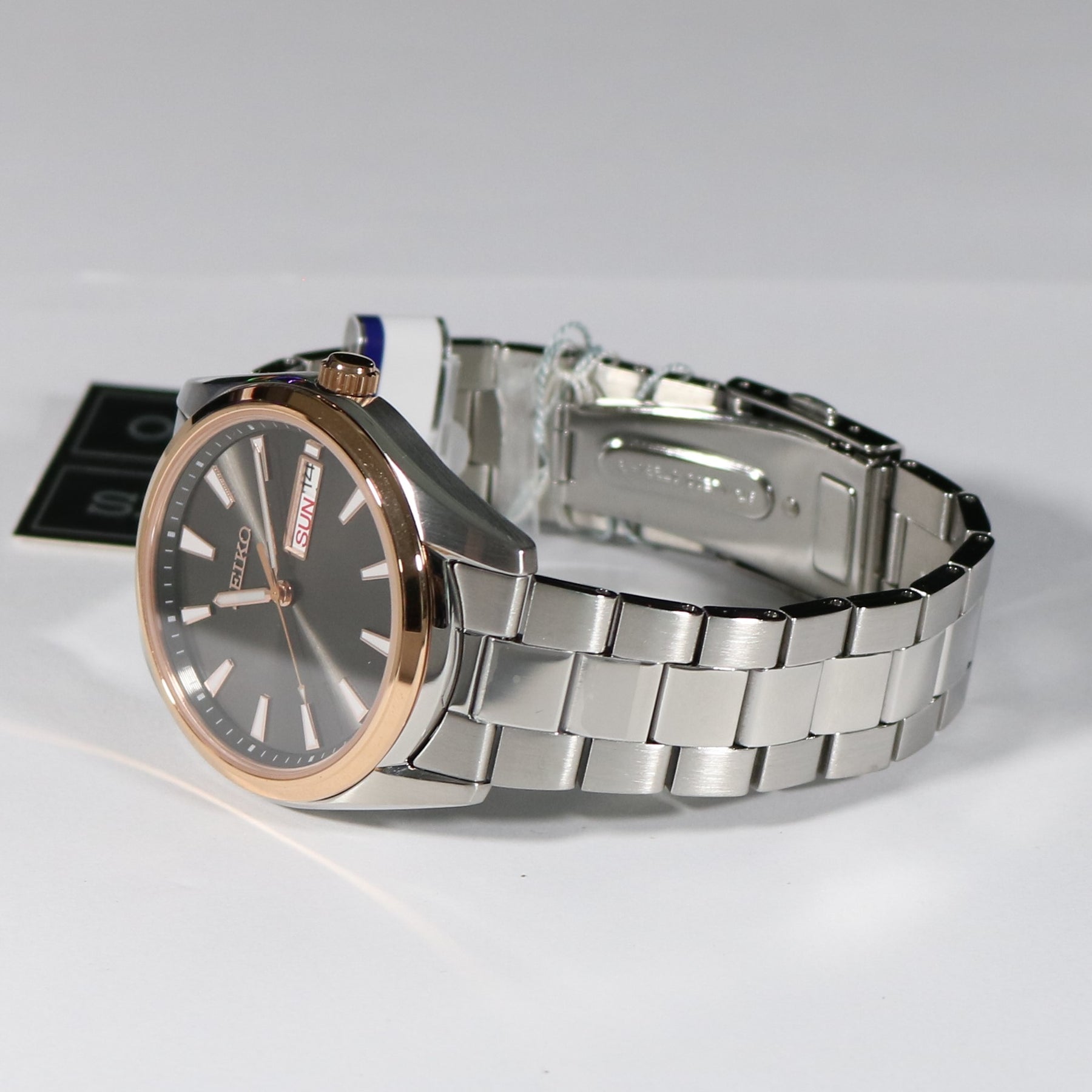 Seiko Quartz Grey Dial Rose Gold Tone Bezel Men's Watch SUR344P1 ...