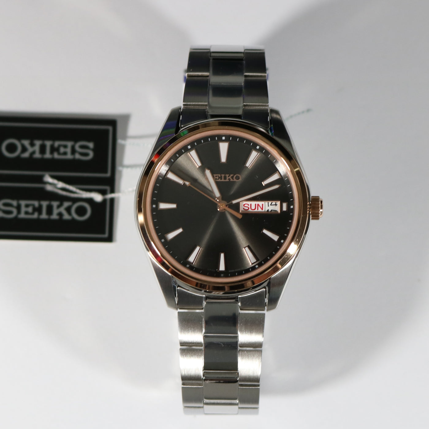 Seiko Quartz Grey Dial Rose Gold Tone Bezel Men's Watch SUR344P1 ...