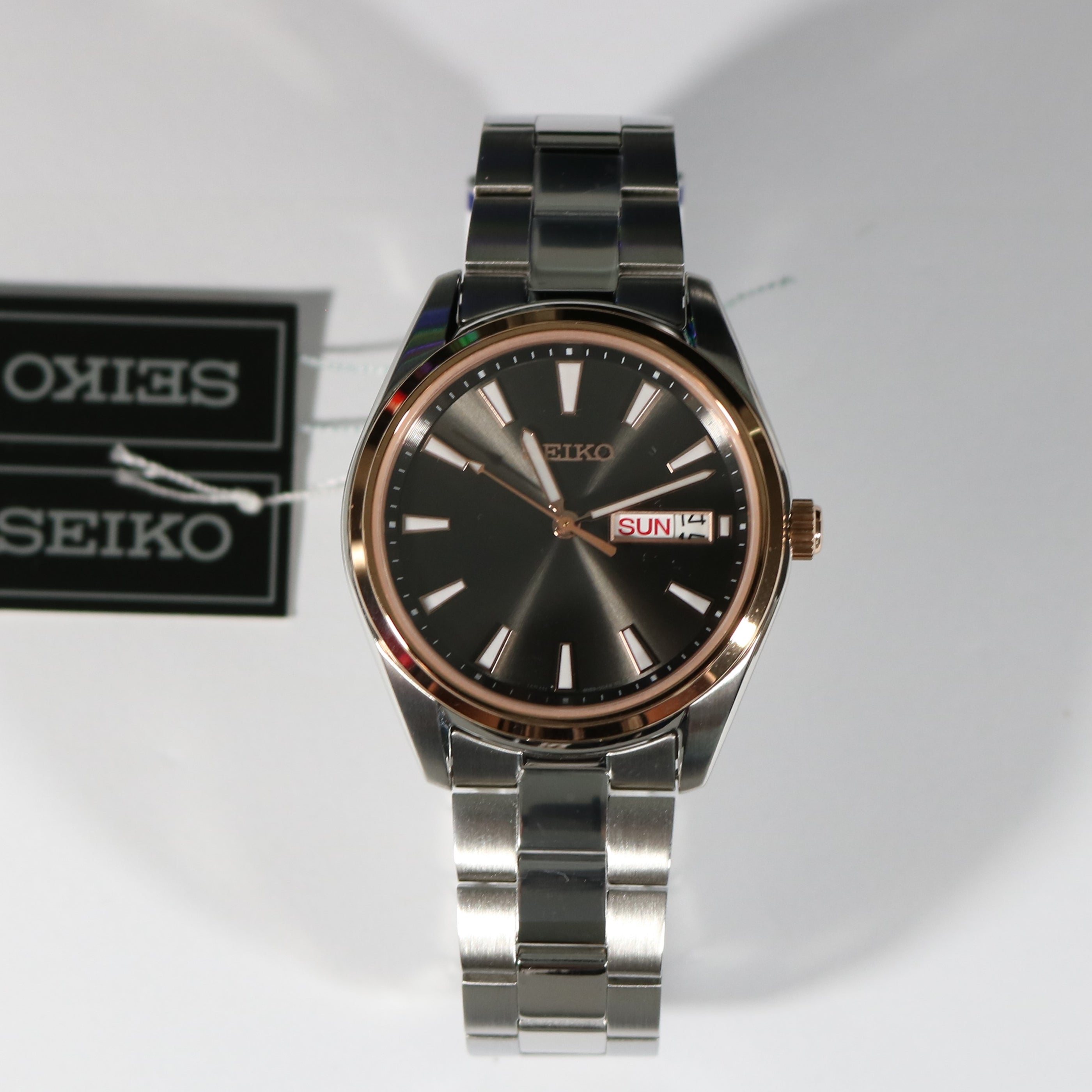 Seiko Quartz Grey Dial Rose Gold Tone Bezel Men's Watch SUR344P1 ...